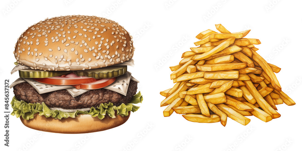 set burger and fries pencil drawing illustration fast food png isolated ...