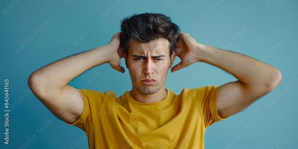 Man in studio with disaster, news, or oops gesture on blue background ...
