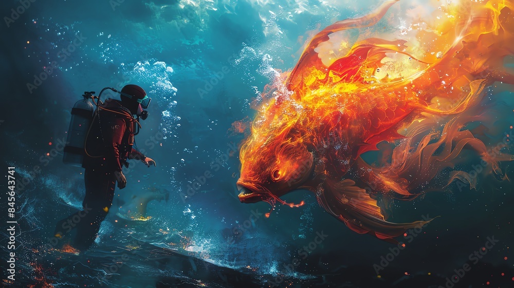 Fiery devil fish confronting a diver, vibrant fire and water contrast ...