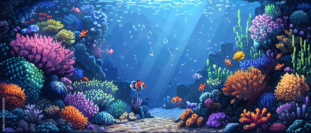 Pixelated underwater scene, coral reefs and fish, blue hues, classic ...
