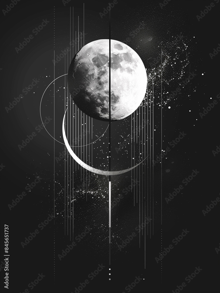A digital artwork featuring a moon with geometric shapes and abstract ...