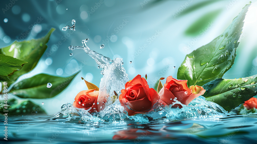 Three red roses splashing into water with green leaves in the ...
