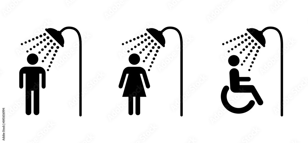 Shower head with water drops for man; woman and wheelchair. Vector ...