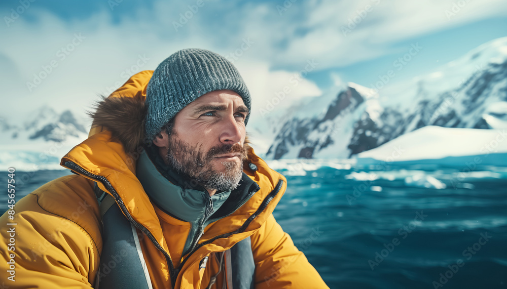 Polar Explorer bearded man portrait on research vessel moving polar ...