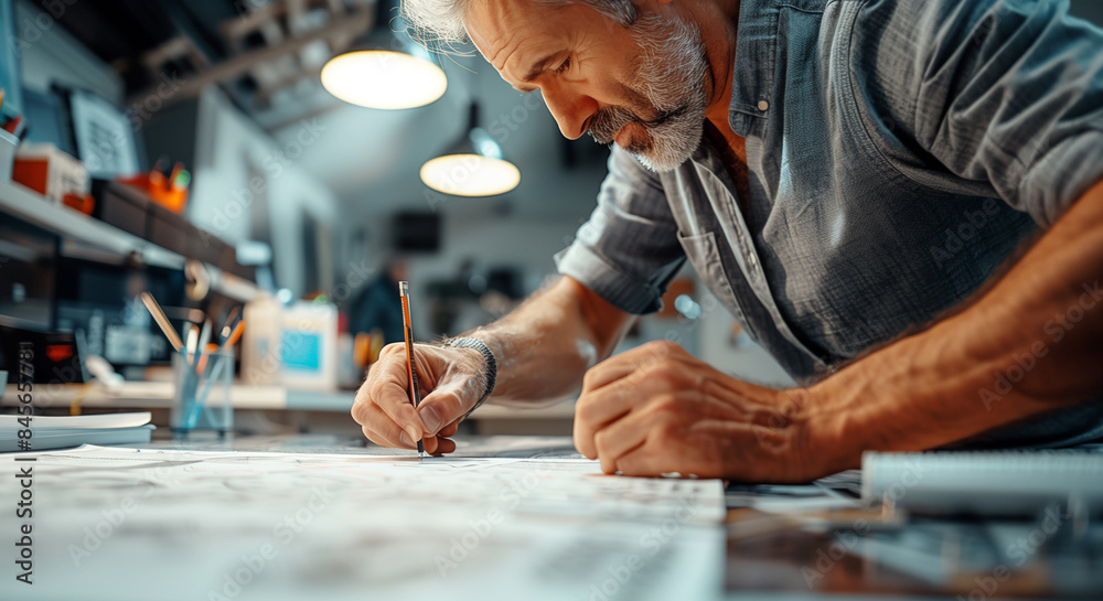 Architecture company employee drawing new house plan on the paper at ...