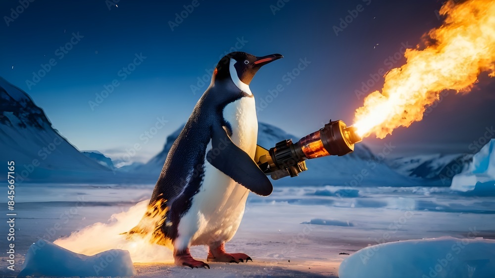A penguin in 8k HD, suited in Arctic combat gear, wielding a ...