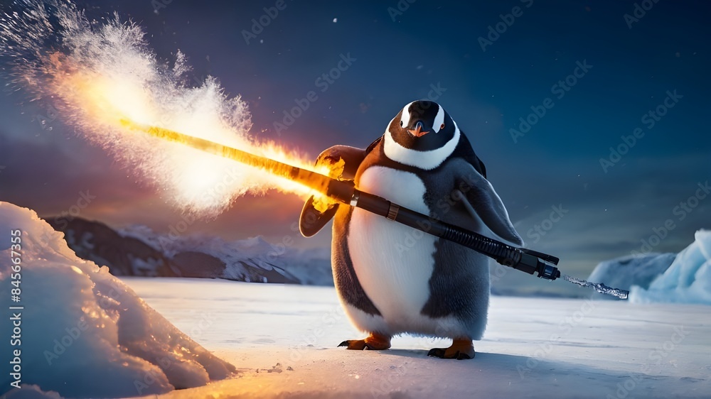 A penguin in 8k HD, suited in Arctic combat gear, wielding a ...