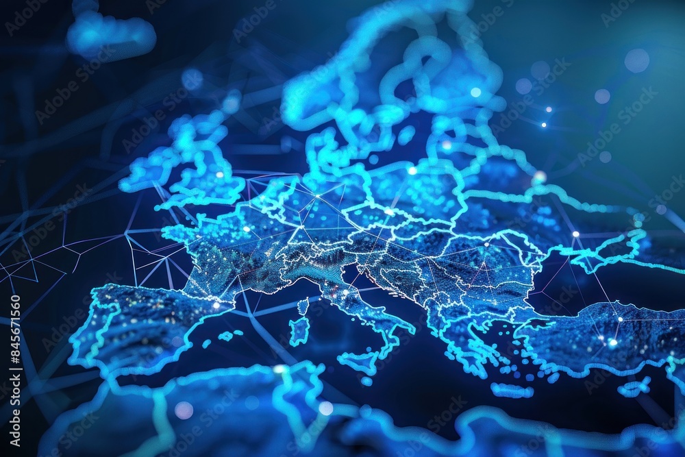 Digital map of Europe with interconnected glowing nodes and blue lines ...