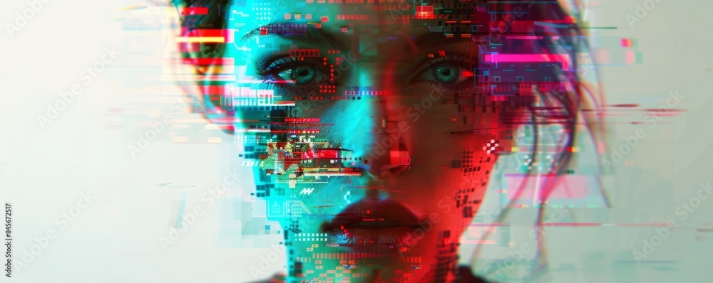 Glitch art portrait, incorporating digital distortions and pixelated effects for a modern twist ...