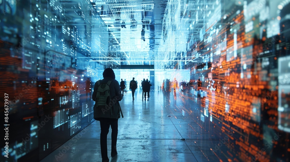 An immersive digital environment with layers of code and data floating ...