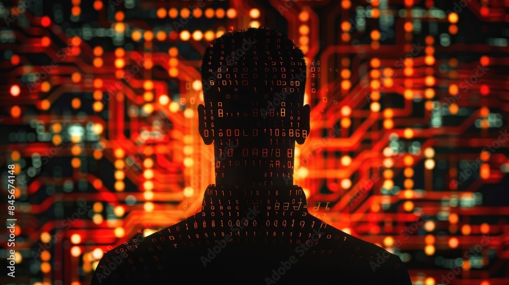 A hacker silhouette against a backdrop of glowing digital circuits and ...