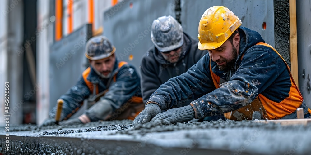 Masons working together to install precast concrete panels in highrise ...