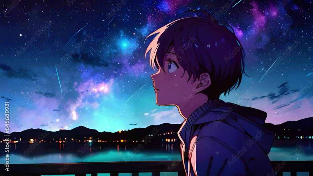 Cute Lofi boy Sad moody Urban night sky star view light , 2D Japanese ...