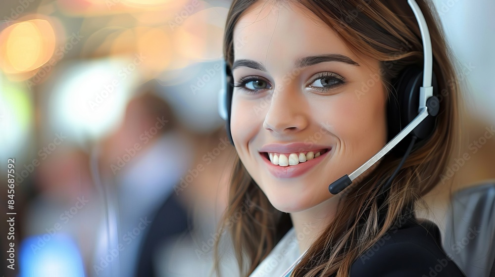 Beautiful young customer service worker wearing headset smiling at ...