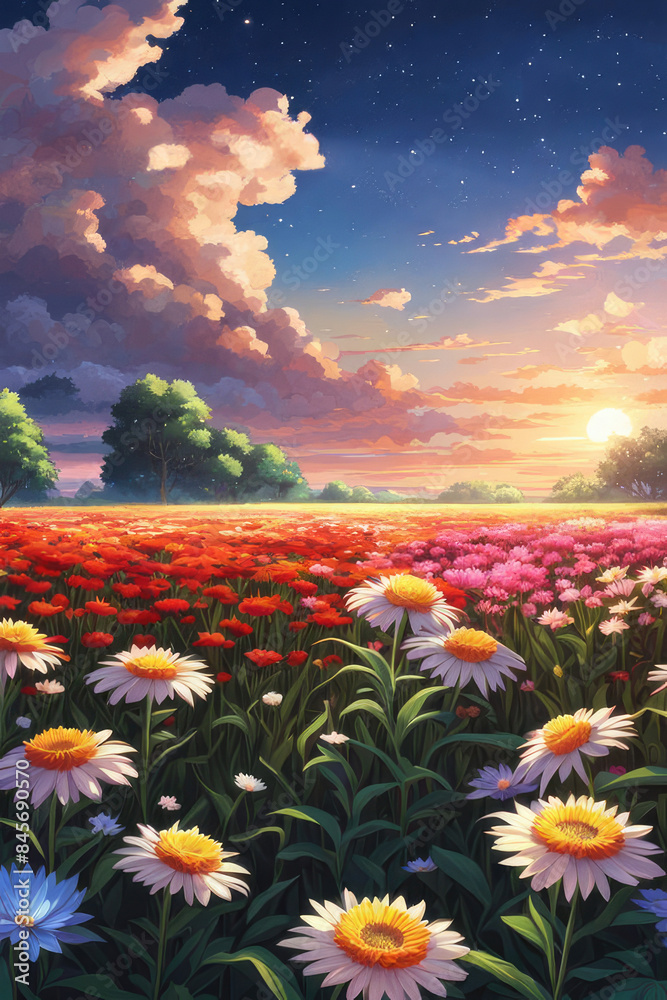 Generative AI Beautiful Niji Anime scenery of a beauty flower fields ...