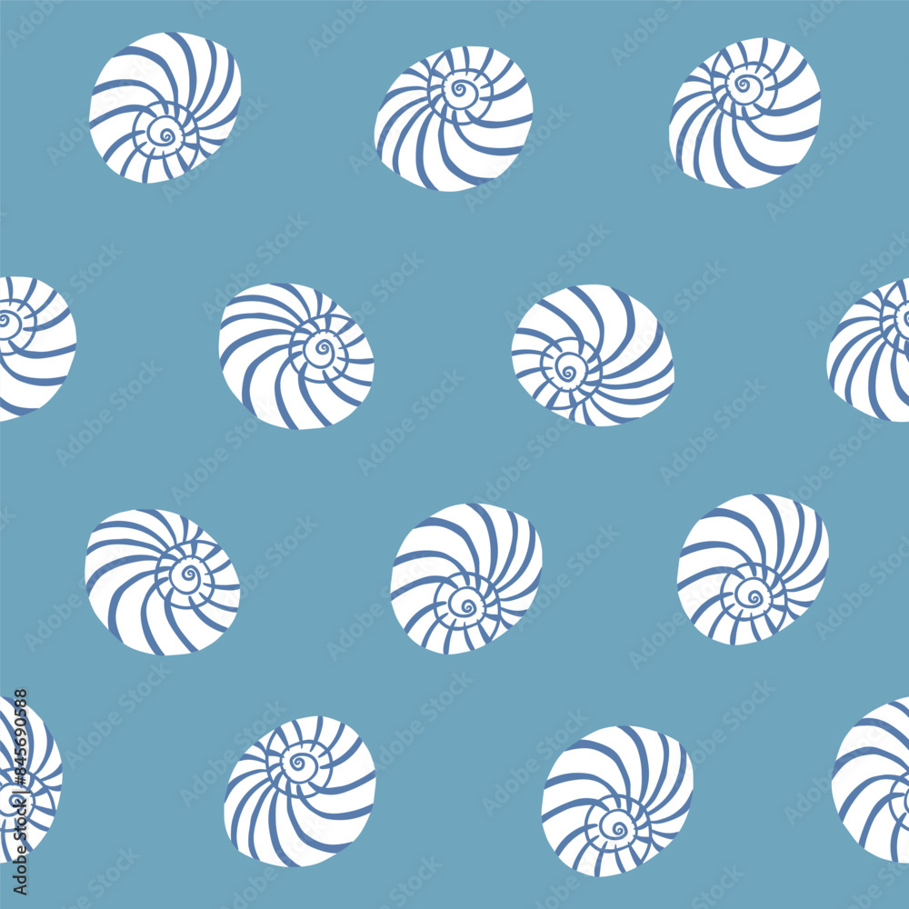 Simple round sea shells seamless pattern on blue background. Beach ...