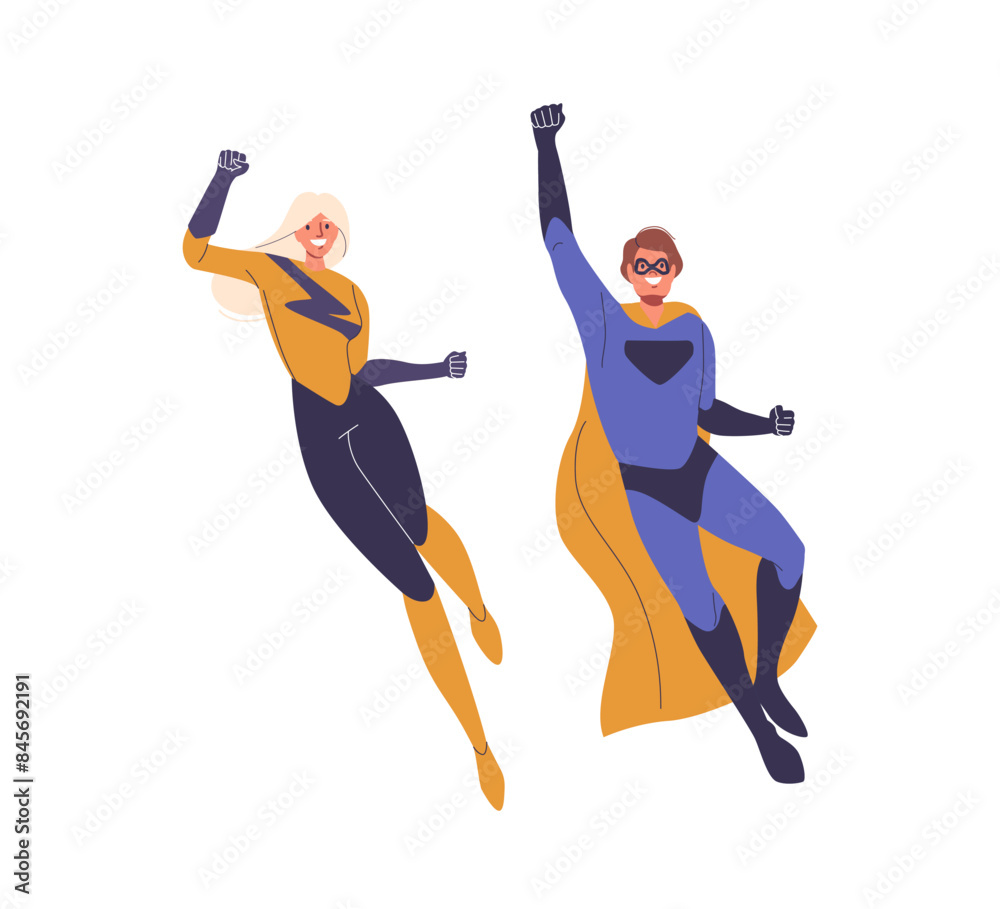 Two Adults Wearing Superhero Costumes, Flying With Confidence And Power ...