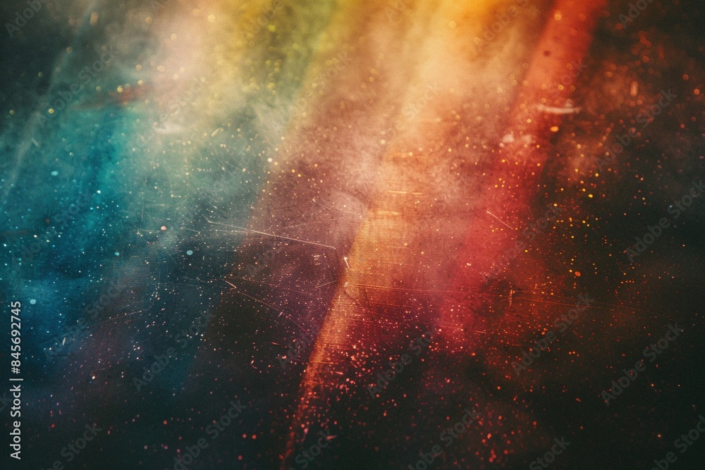 Warm rainbow light bleeding across a dark, dusty background, blurred and reminiscent of aged ...