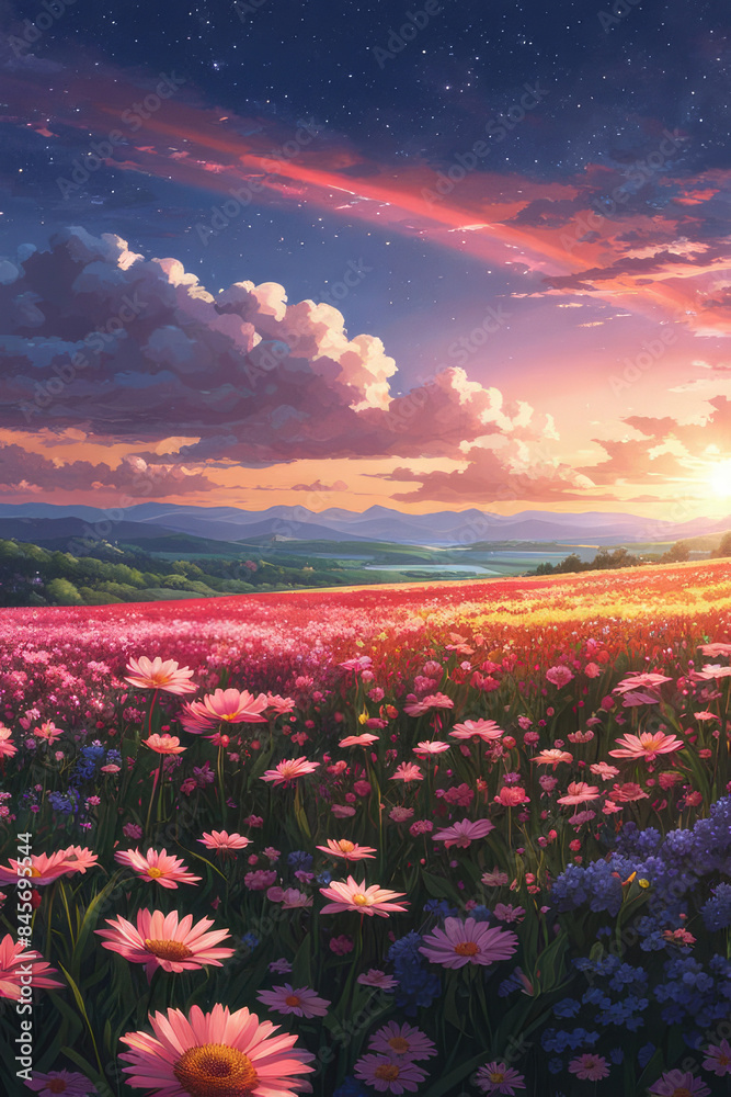 Generative AI Beautiful Niji Anime scenery of a beauty flower fields ...