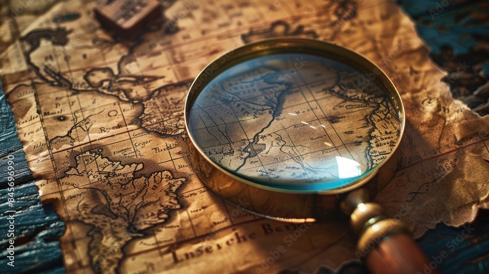 Gripping scene of a magnifying glass uncovering clues on a detective's ...