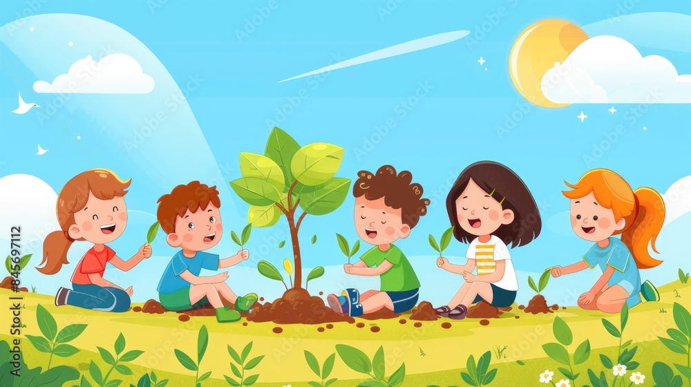 Group of cheerful cartoon kids planting trees under a healthy ozone ...