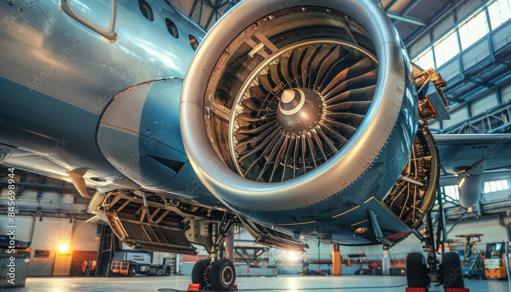 Maintenance of engine in an airplane. Turbine of airplane. Jet airplane ...