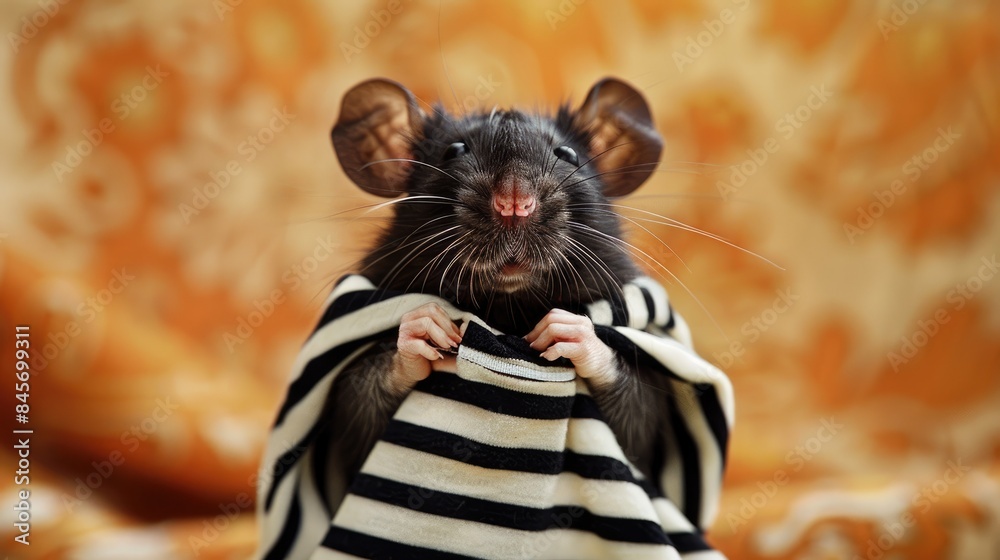 Intriguing image of a cunning black mouse in a striped shirt, using ...