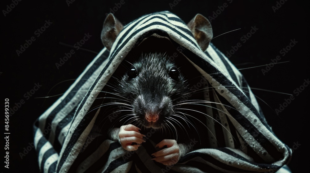 Intriguing image of a cunning black mouse in a striped shirt, using ...