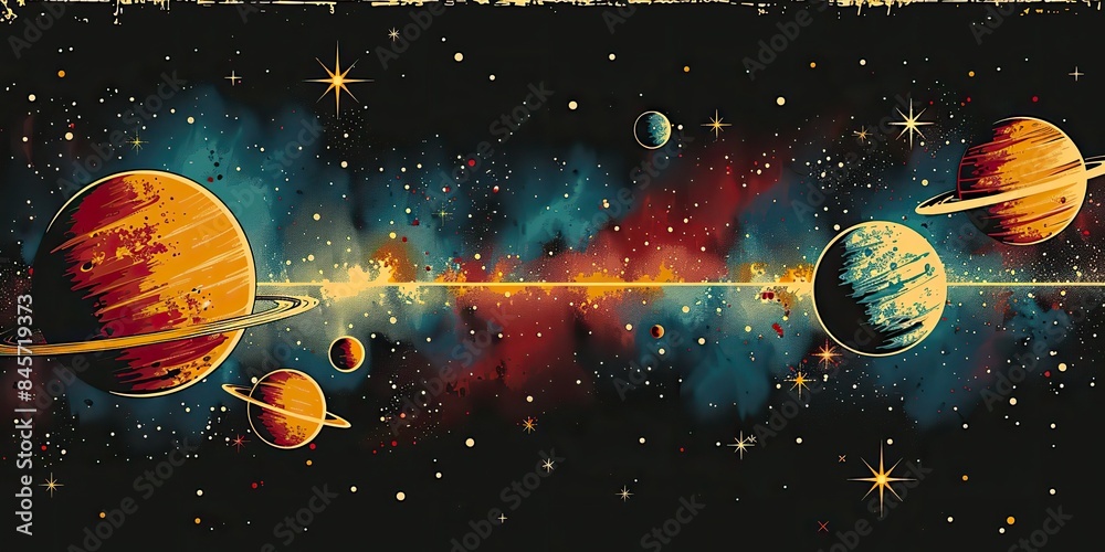 this is a retro space poster template with planets orbits moons and ...