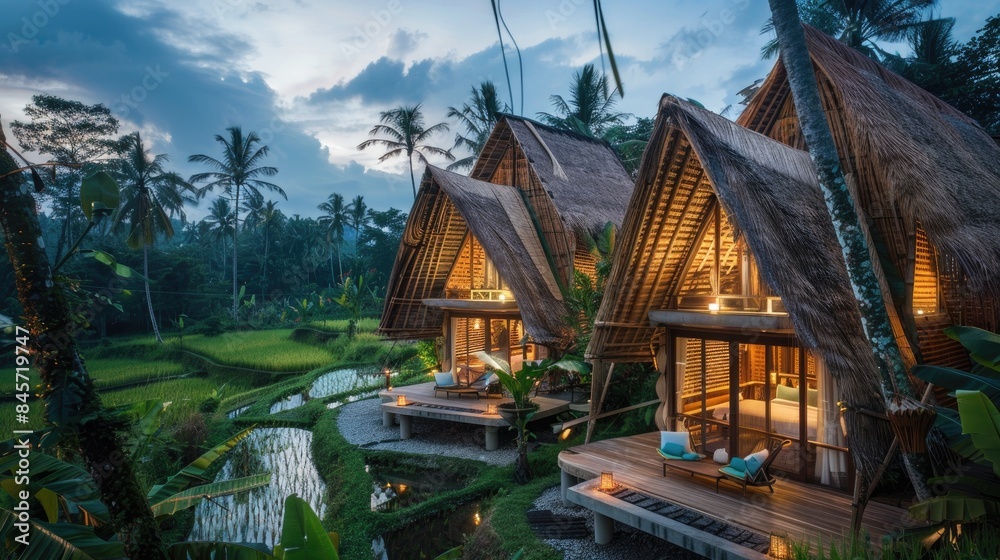 Background image of traditional bamboo houses in a green grass field ...