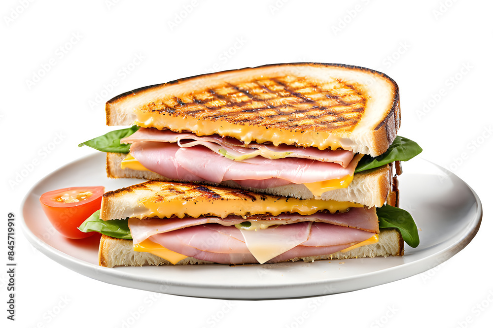 Ham and cheese grilled sandwich on a plate isolated on transparent background. Perfect for food ...