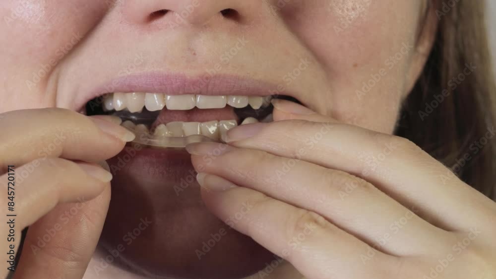 Medical treatment footage of a Woman puts Soft mouth guard for TMJ, TMD ...