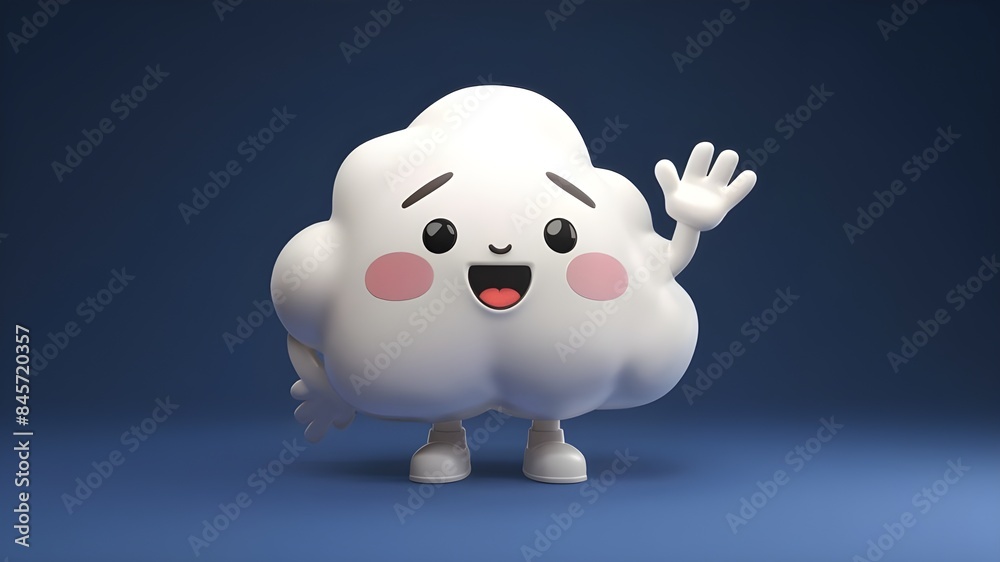 3d render, kawaii cloud character waving hand, mascot isolated on blue ...