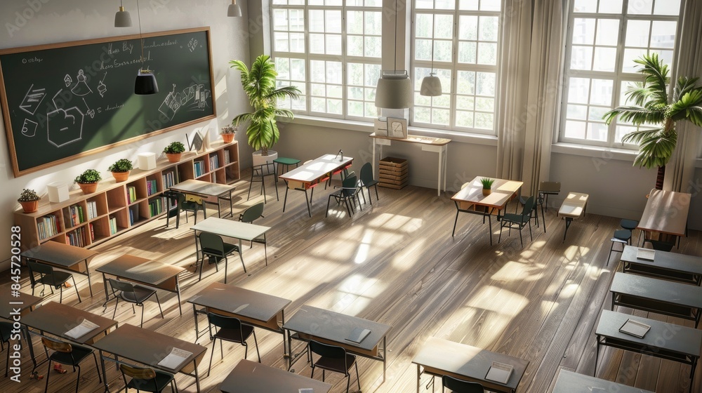 Background image of isometric view of a cute classroom with desks ...