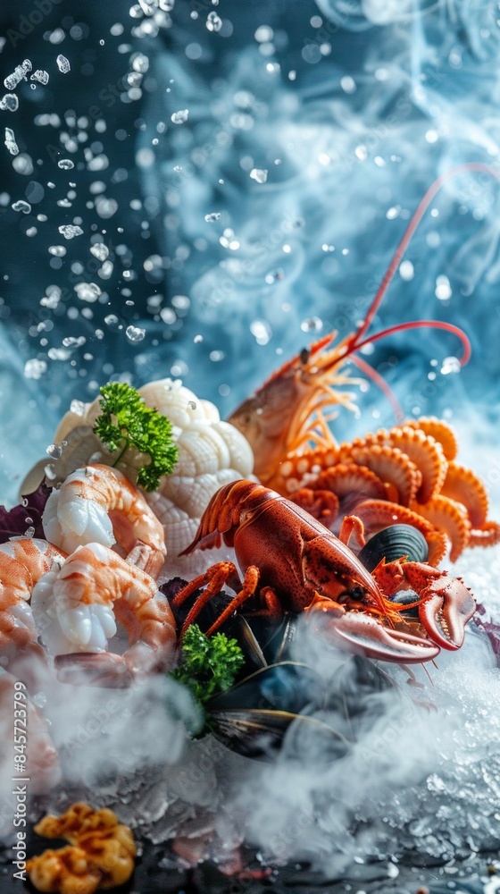 Side view of variety of fresh luxury seafood, Lobster salmon mackerel ...