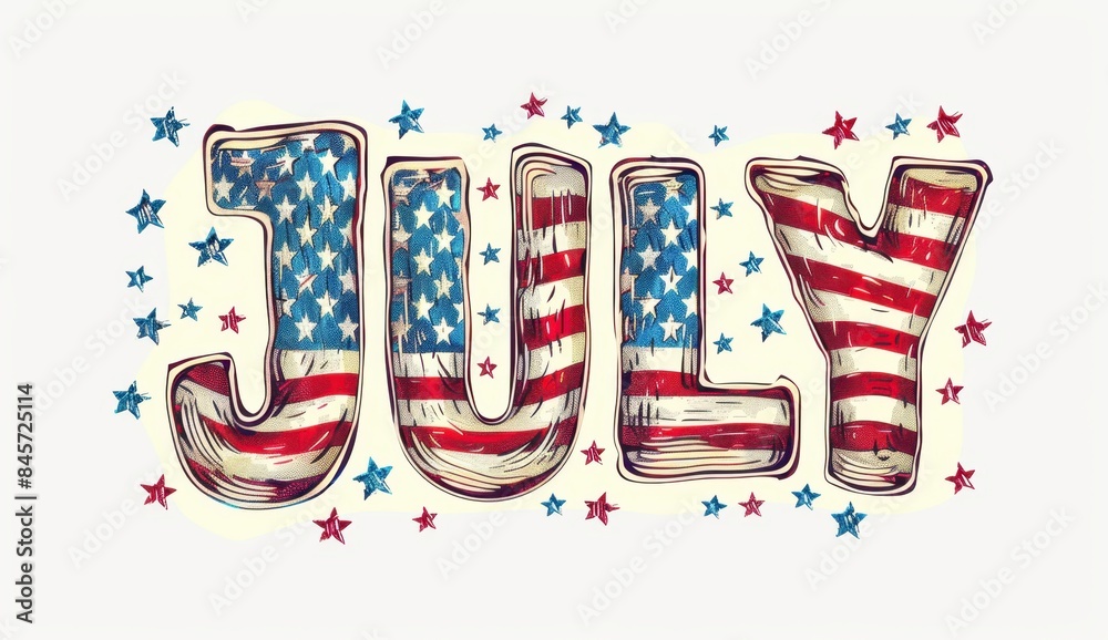 The word "JULY" typography with the american flag pattern on white ...