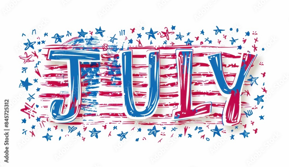 The word "JULY" typography with the american flag pattern on white background, clip art for july ...