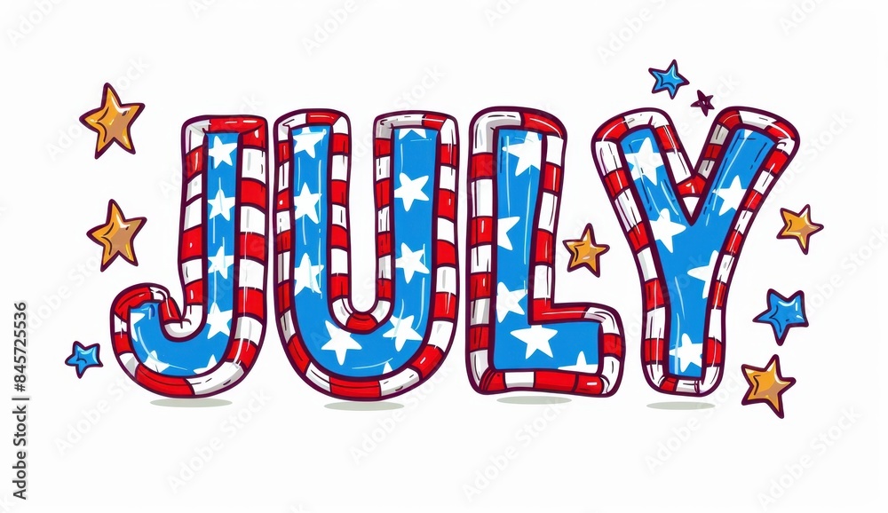 The word "JULY" typography with the american flag pattern on white ...