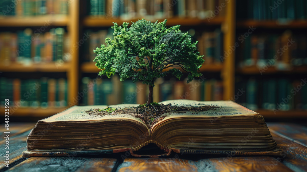 Tree of Knowledge: Serene Library with Open Book and Growing Tree Stock ...