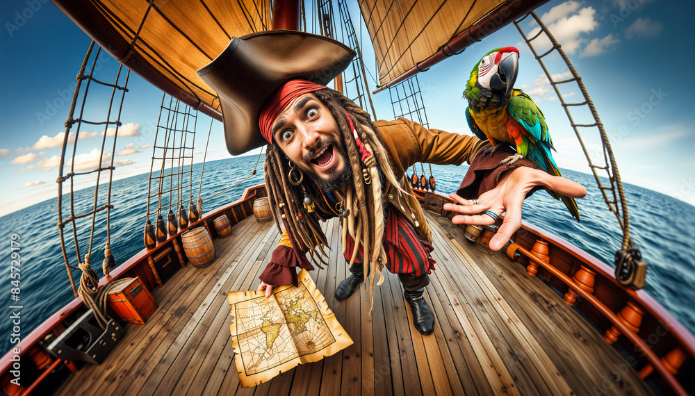 Swashbuckling Pirate with dreadlocks on a galleon's deck, holding a ...