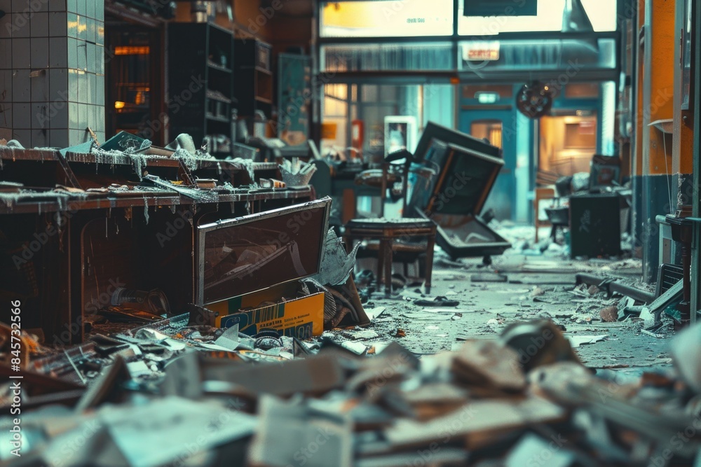 A cluttered room with various items and debris next to a building ...