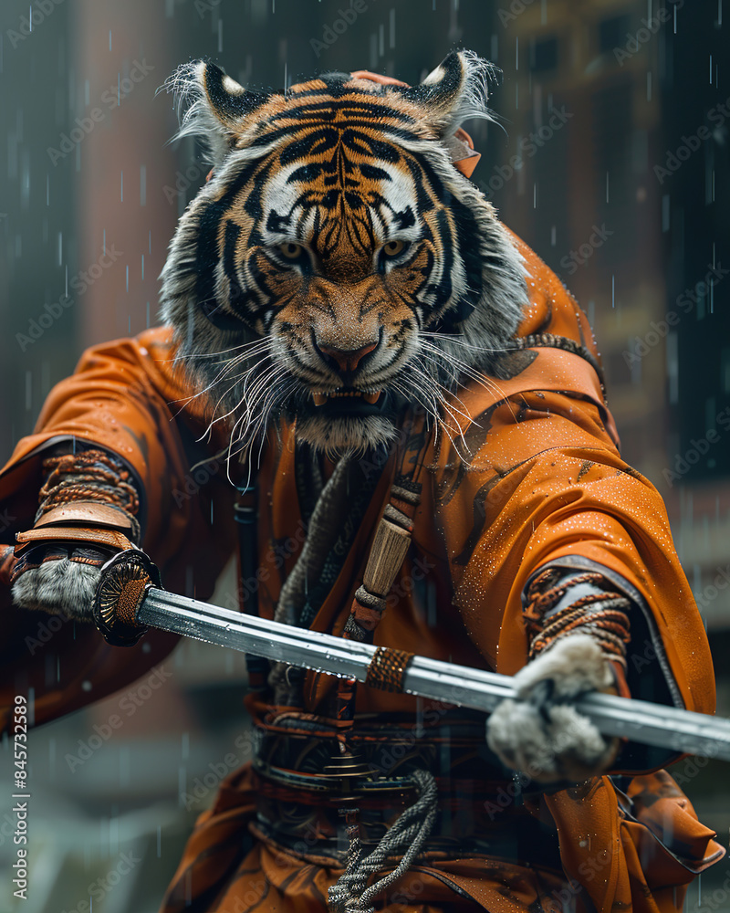 tiger samurai with a sword in his hands - an orange suit and a dynamic ...
