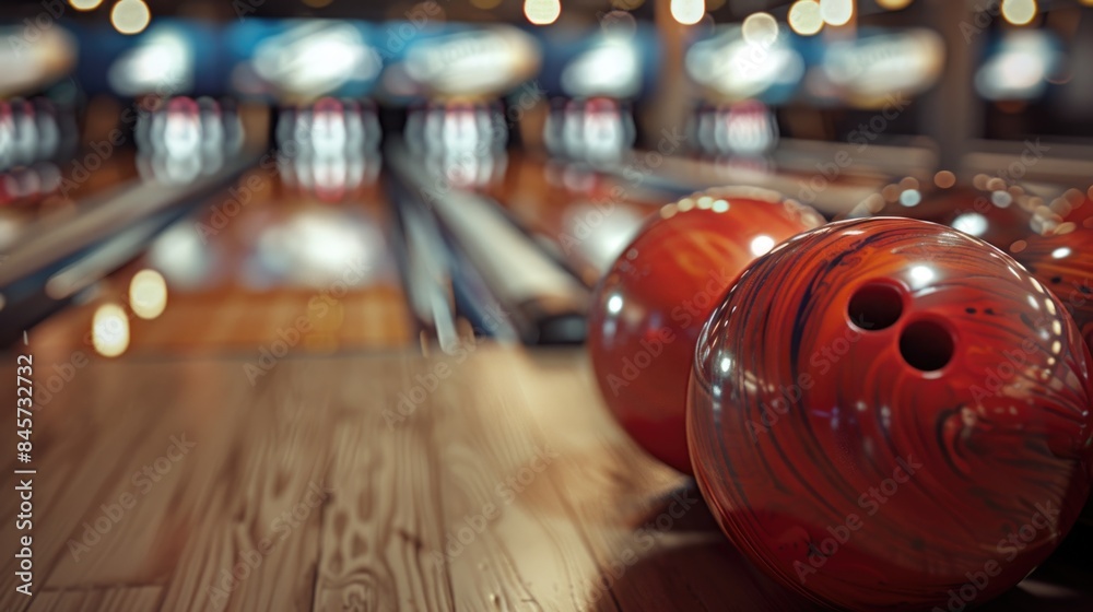 A modern bowling alley with multiple bowling lanes and colorful bowling ...