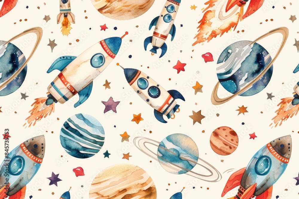 A colorful illustration of rockets and stars in watercolor style on a ...