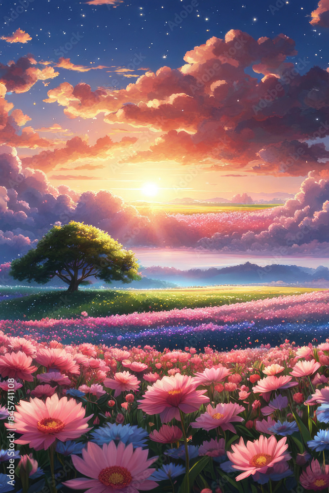 Generative AI Beautiful Niji Anime scenery of a beauty flower fields ...