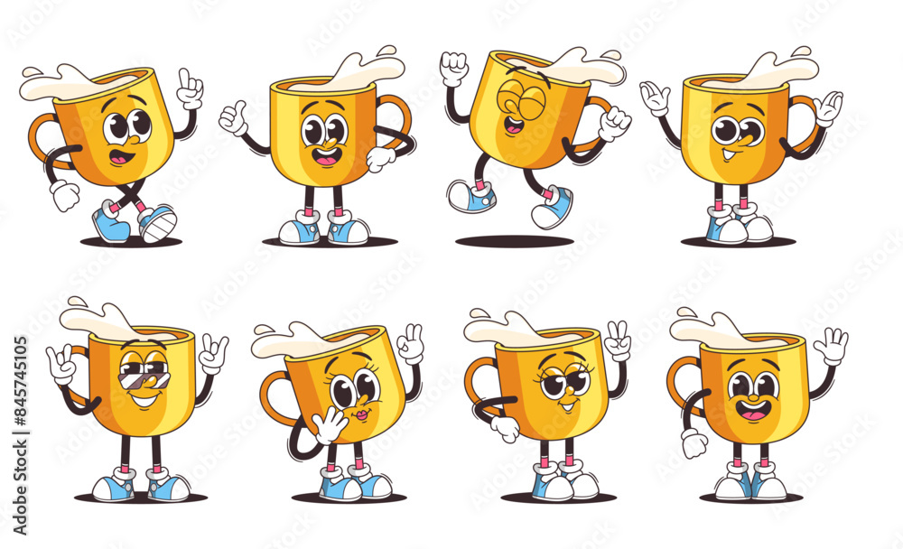 Set Of Cute Cartoon Milk Cup Characters Expressing Different Emotions And Poses. Vector Yellow ...