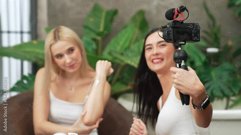 Two beautiful content creator making natural beauty and cosmetic ...