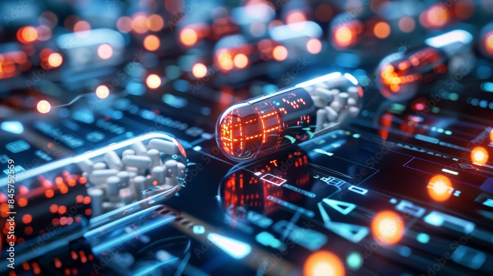 Capsules with digital circuitry on a futuristic surface, representing ...