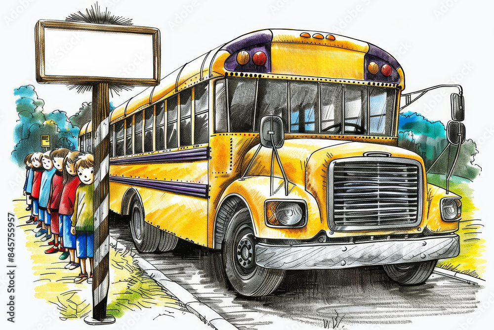 An illustration of a yellow school bus stopped at a bus stop sign, with ...