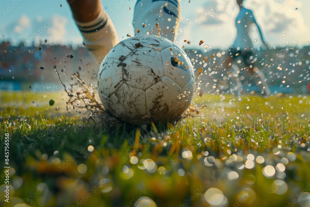 Detail of a soccer ball being kicked by a soccer player in a very ...